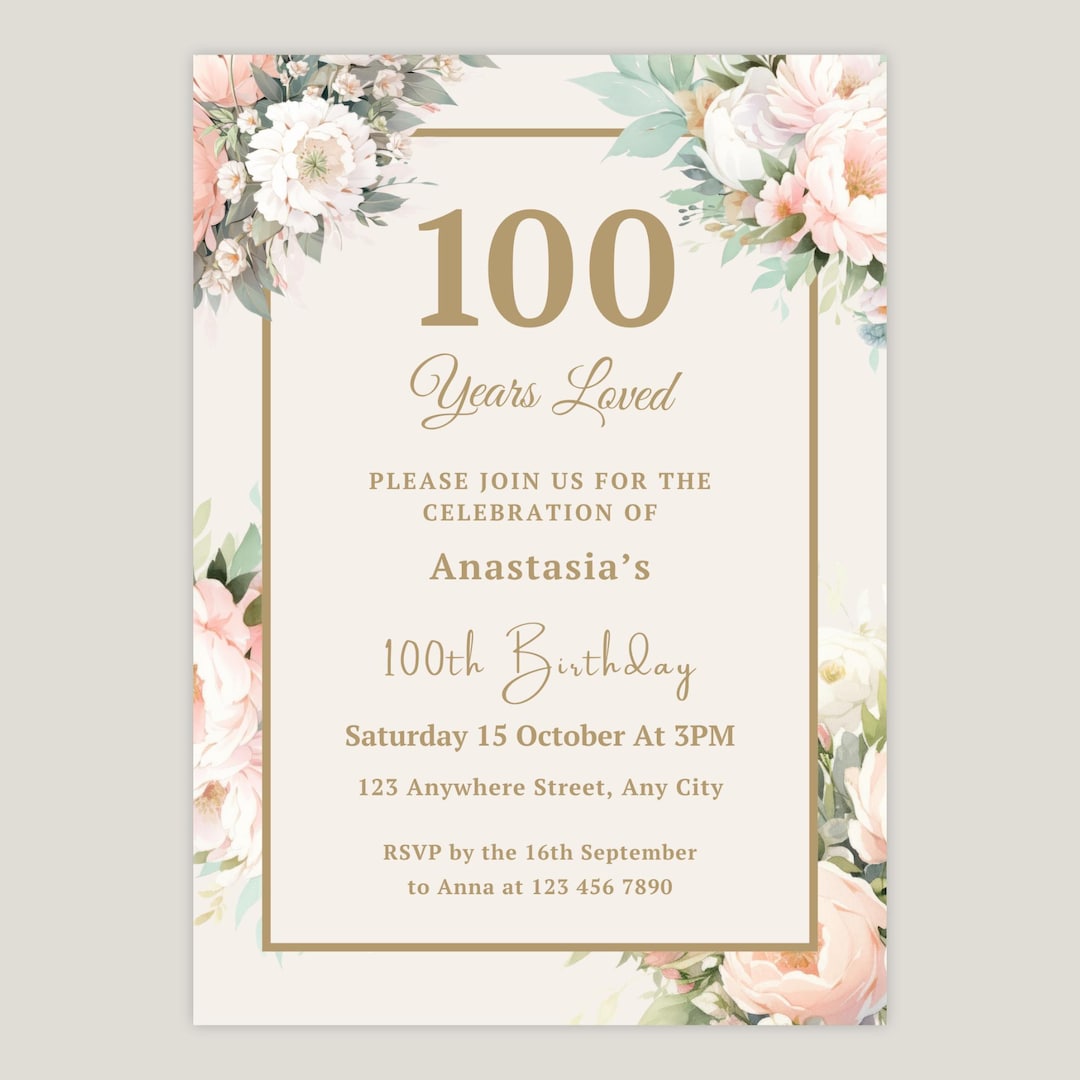 100th Birthday Party Invitation for Women, Floral, Editable Canva ...