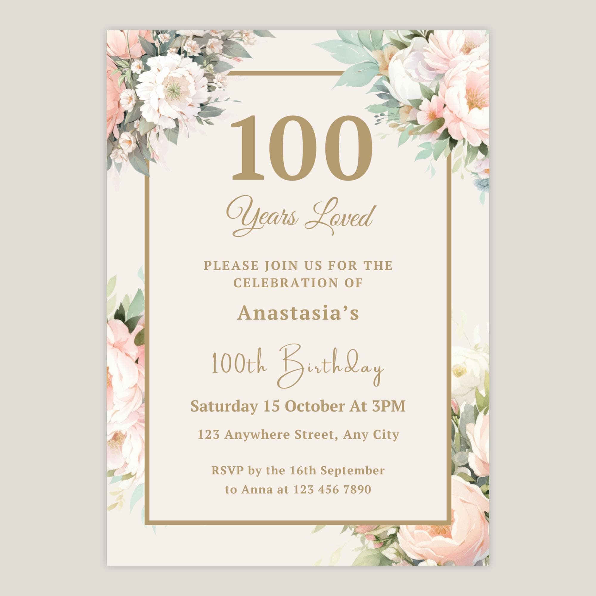 100th Birthday Party Invitation for Women, Floral, Editable Canva ...