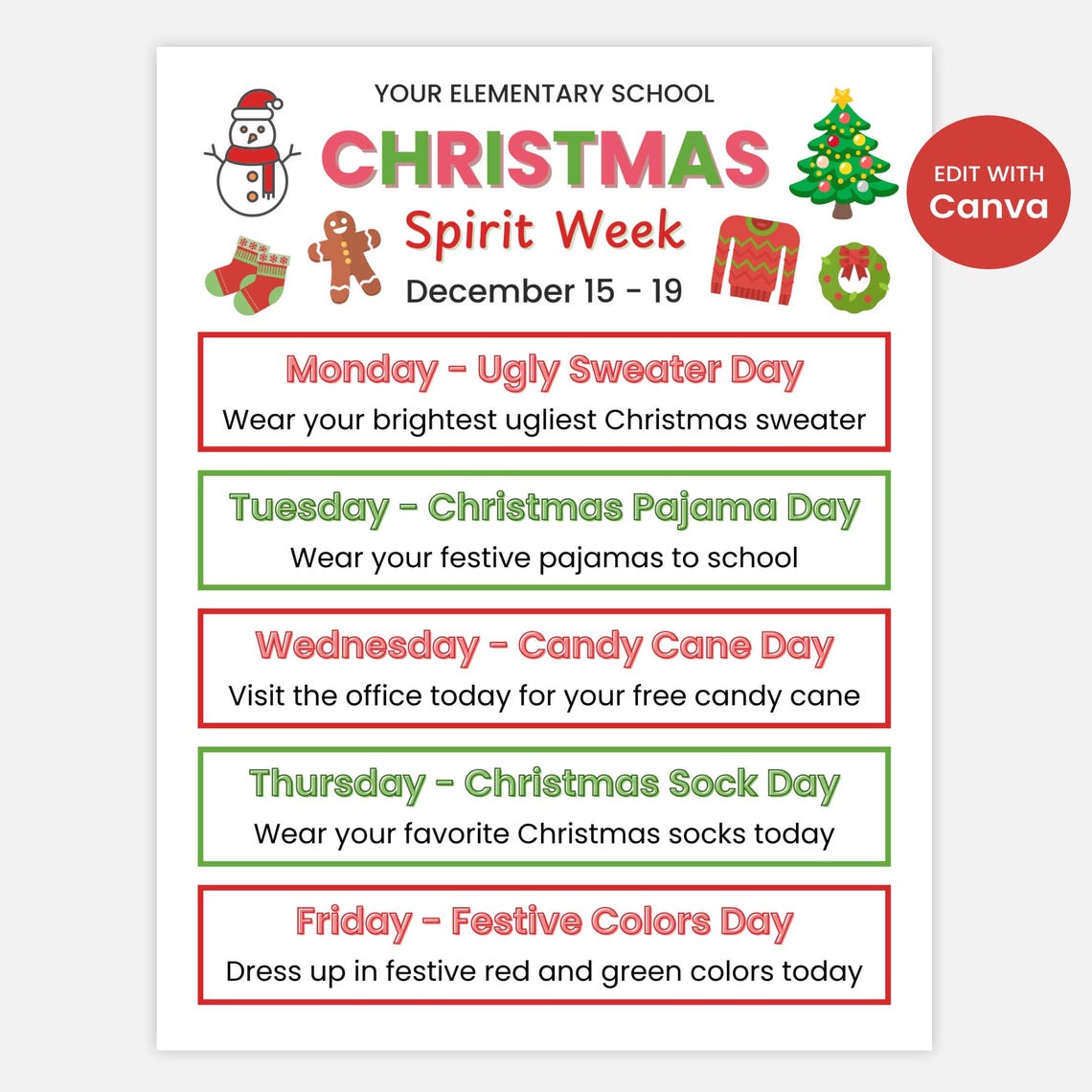 Christmas School Spirit Week Flyer: Itinerary Schedule (canva Template ...