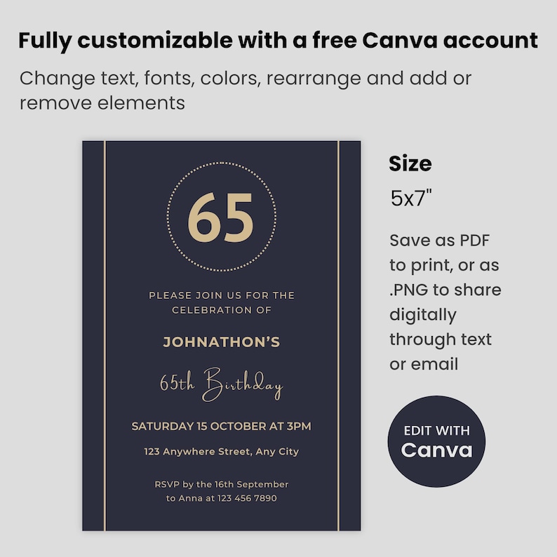 65th Birthday Invitation for Men, Male, Editable Any Age, Canva ...