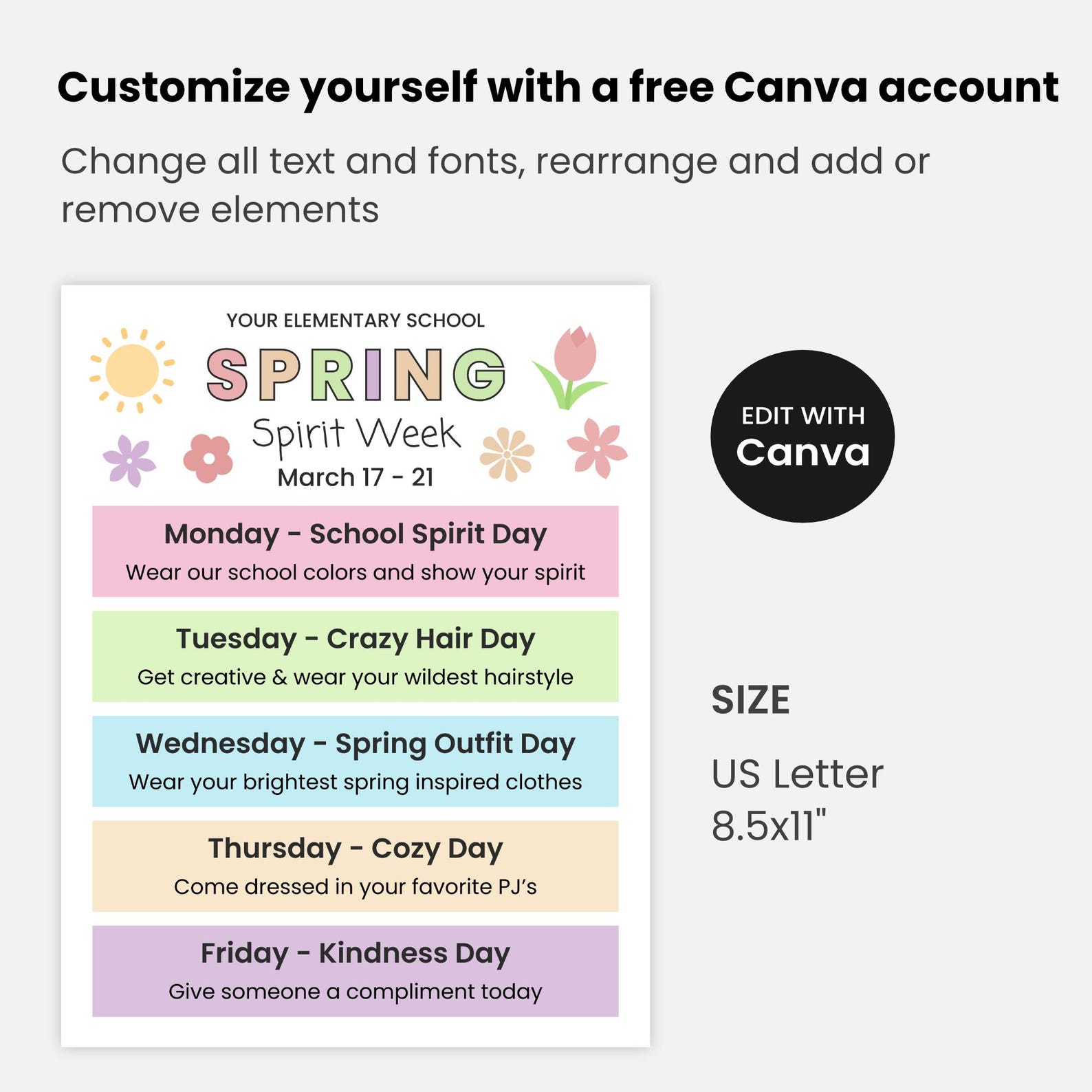 Spring School Spirit Week Flyer, Itinerary Schedule, PTA and PTO Spring ...