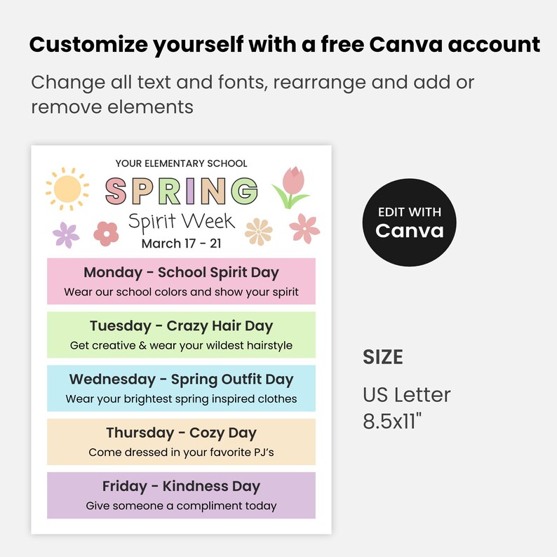 Spring School Spirit Week Flyer, Itinerary Schedule, PTA and PTO Spring ...