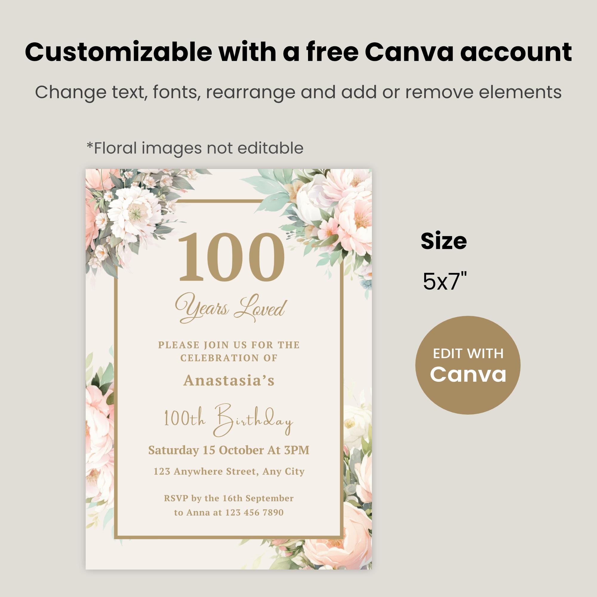 100th Birthday Party Invitation for Women, Floral, Editable Canva ...