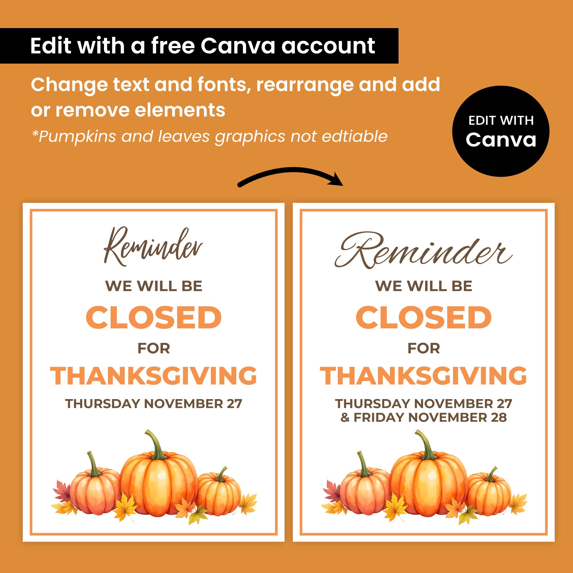 Closed for Thanksgiving Printable Sign, Thanksgiving Day Closed ...