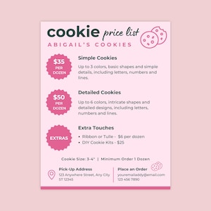 Cookie Price List Template, Cookie Business, Cookie Price Sheet, Custom ...