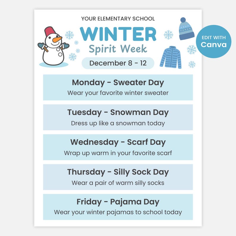 Winter School Spirit Week Flyer: Itinerary Schedule (editable Canva ...