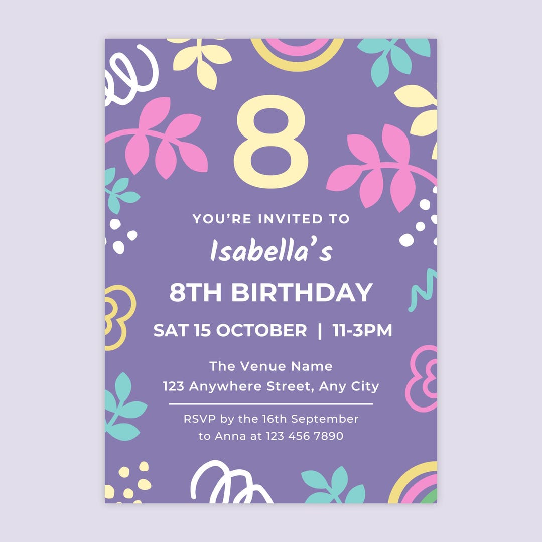 8th Birthday Invitation Girl, Birthday Party, Eighth Birthday, 8 Year ...