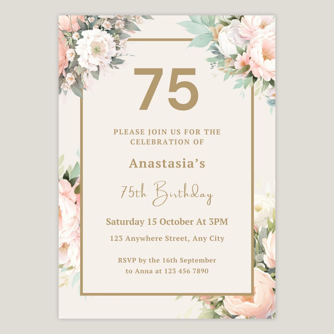75th Birthday Party Invitation for Women, Floral, Editable Canva ...