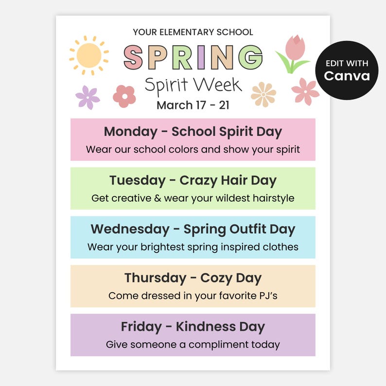 Spring School Spirit Week Flyer, Itinerary Schedule, PTA and PTO Spring ...