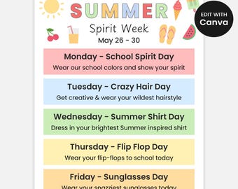 Summer Spirit Week Flyer Template, Editable, Printable, Summer Themed ...