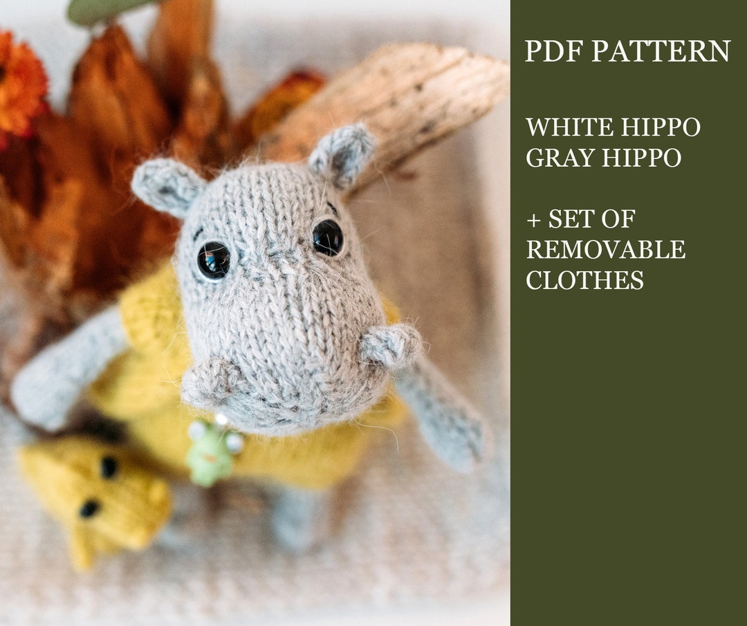 White and Gray Hippo Knitting Pattern. Basic Set of Removable Clothes ...