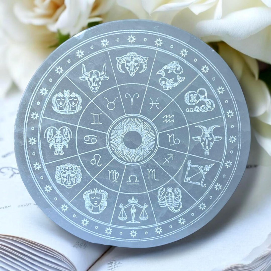 Large Selenite Charging Plate, 15cm Round Crystal Plate, Zodiac Engraved Selenite, Crystal ...