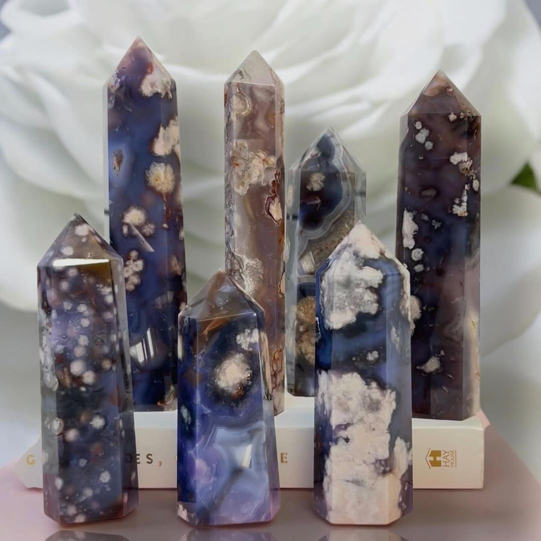 Blue Flower Agate Tower, Natural Crystal Point, Polished Gemstone ...