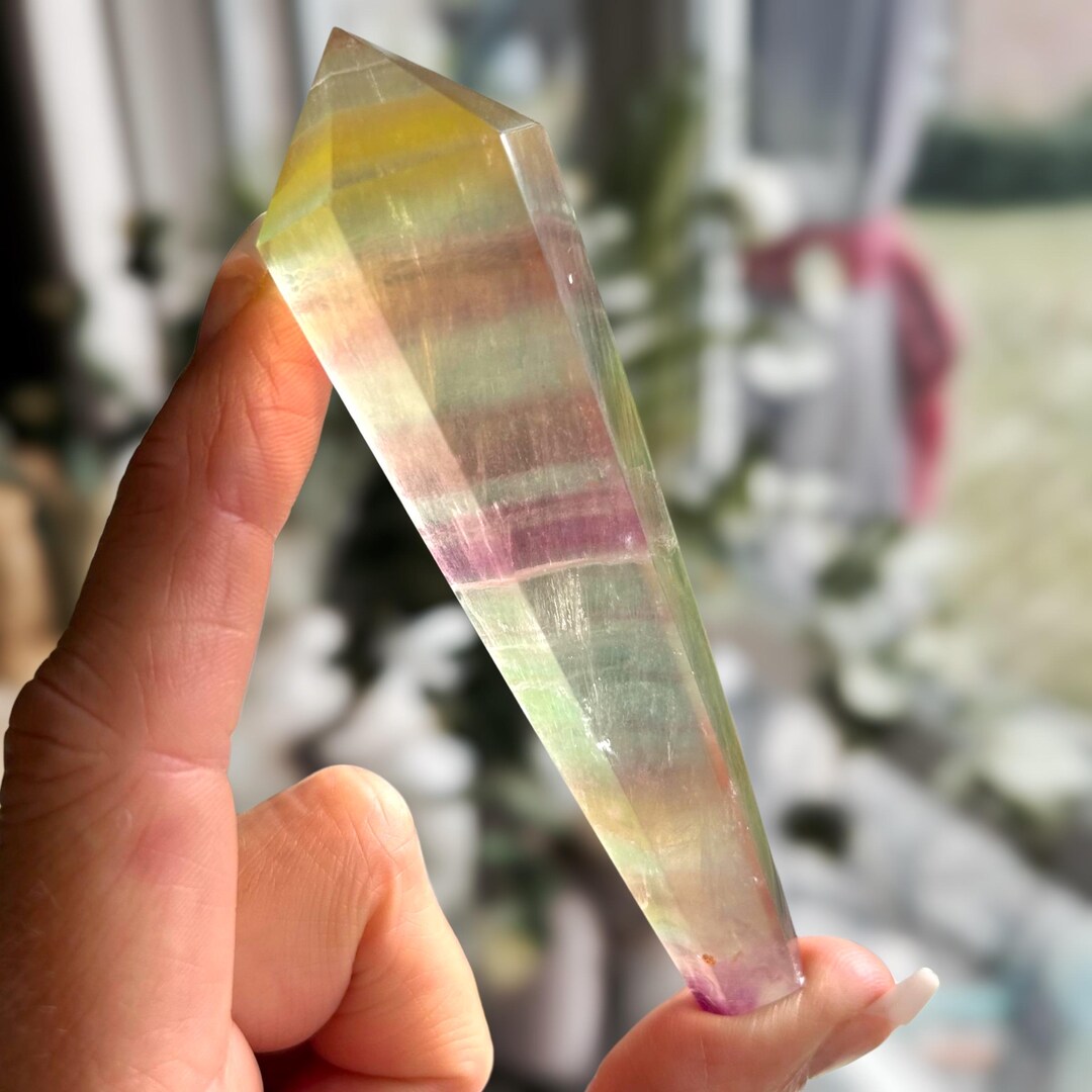 Candy Fluorite Crystal Wand With Stand, Banded Fluorite Point, Yellow ...