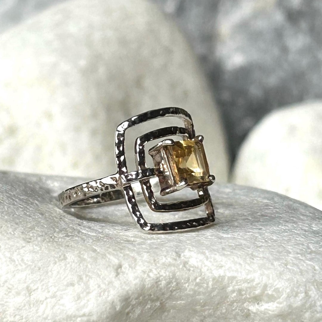 Citrine Silver Ring Hammered Square UK N - Etsy