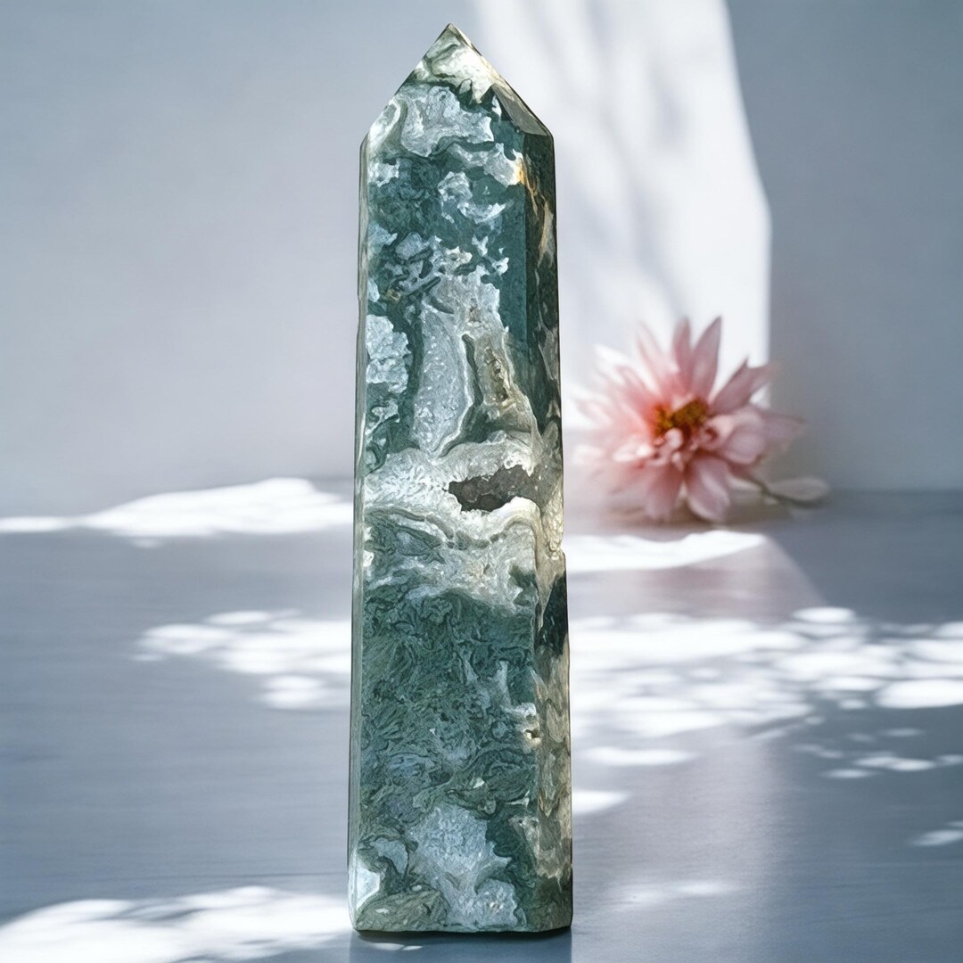 Moss Agate Tower With Druzy Pockets Large Green Crystal, Healing Stone ...