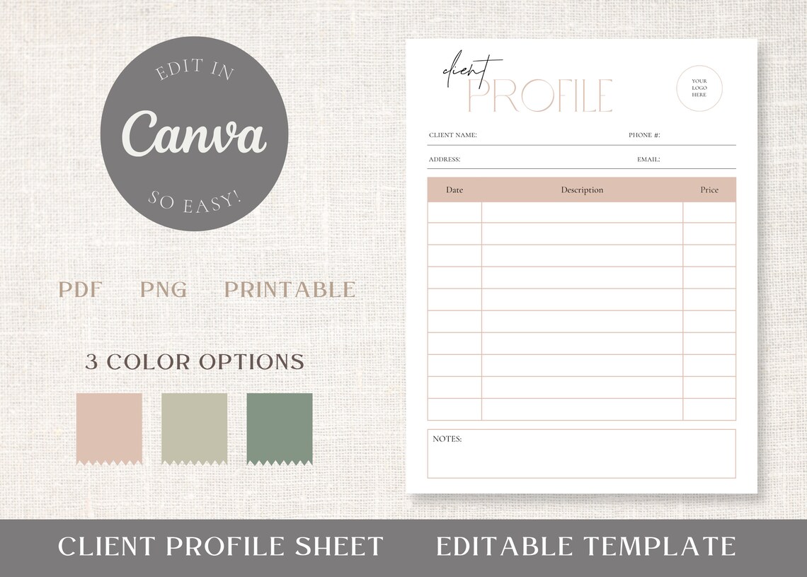 Client Information Editable Template - Modern Client Profile Printable ...