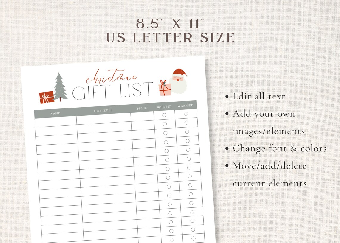 Christmas Gift List Printable Template Holiday Planner Instant Download Editable Christmas Gift ...