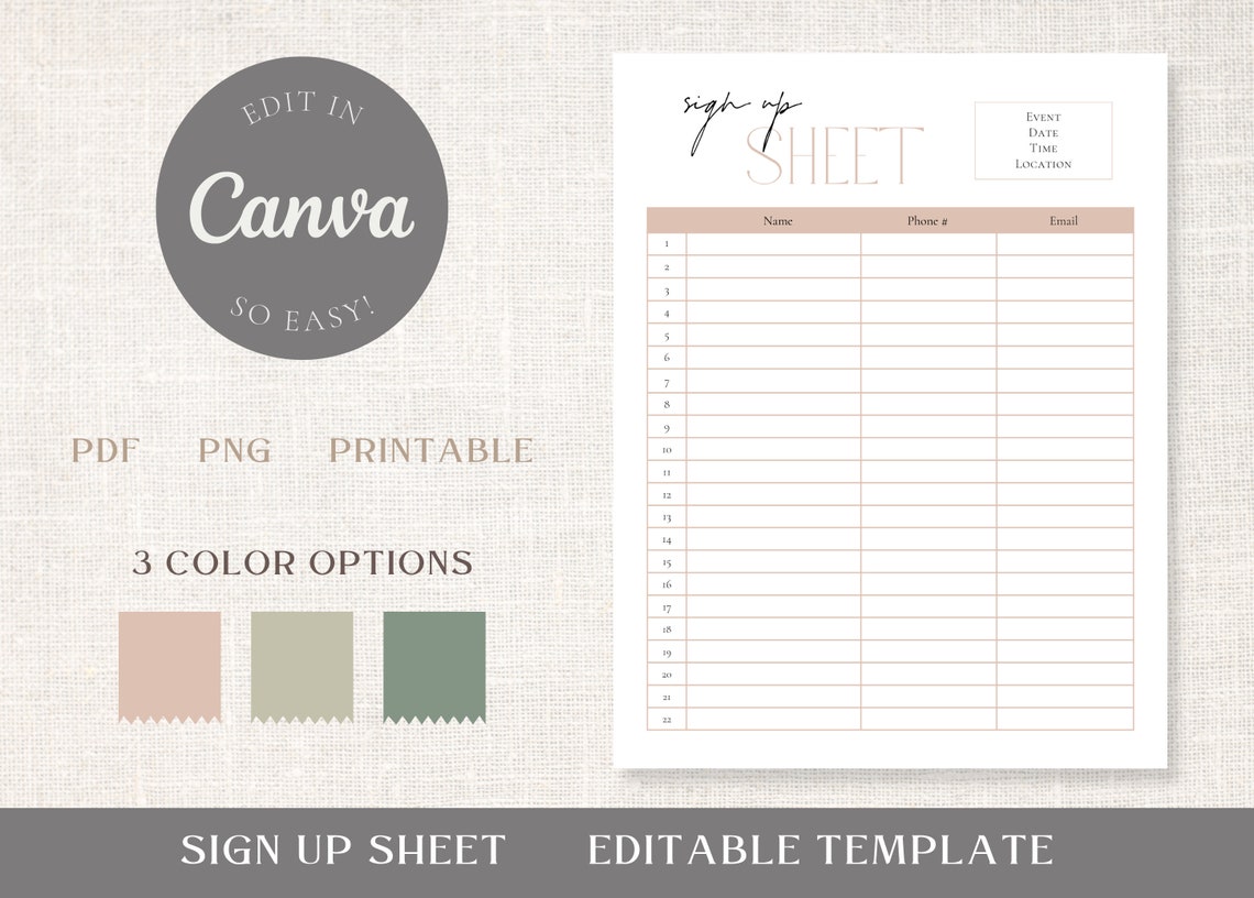 Sign up Sheet Editable Template - Canva Printable Sign up Form - Event ...