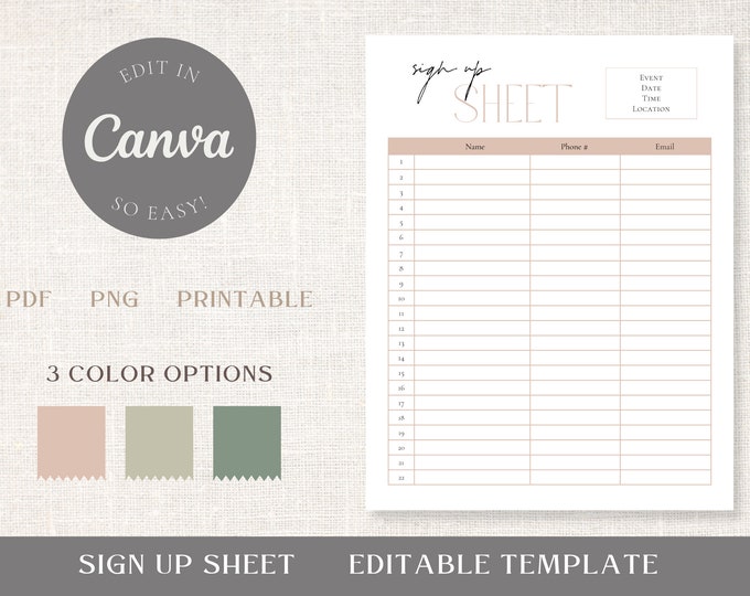 Sign up Sheet Editable Template Canva Printable Sign up Form Event Sign ...