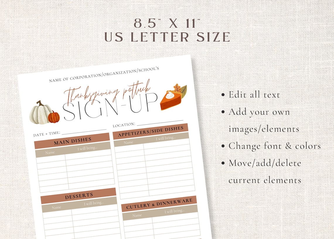 Canva Thanksgiving Potluck Sign up Form - Printable Autumn Potluck Sign ...