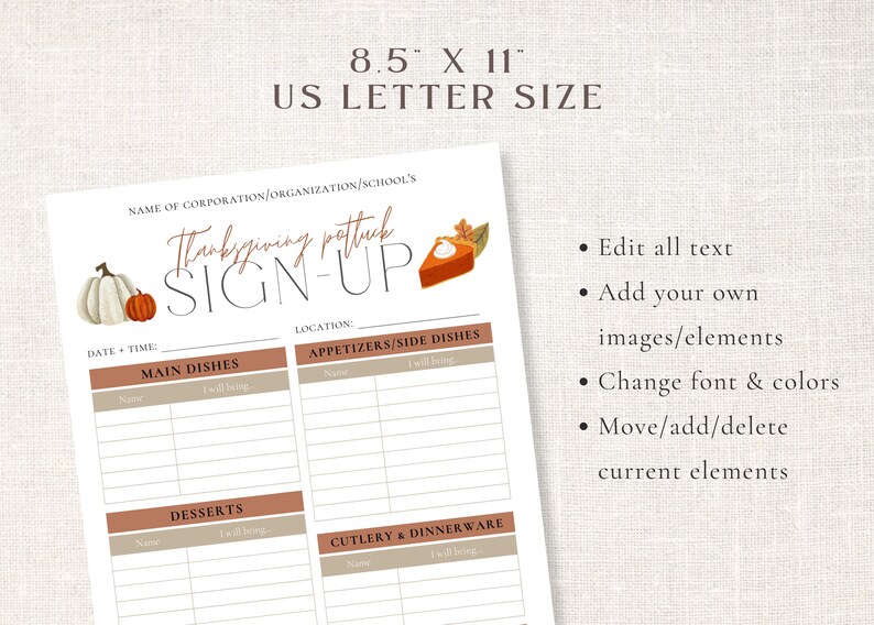 Canva Thanksgiving Potluck Sign up Form - Printable Autumn Potluck Sign ...