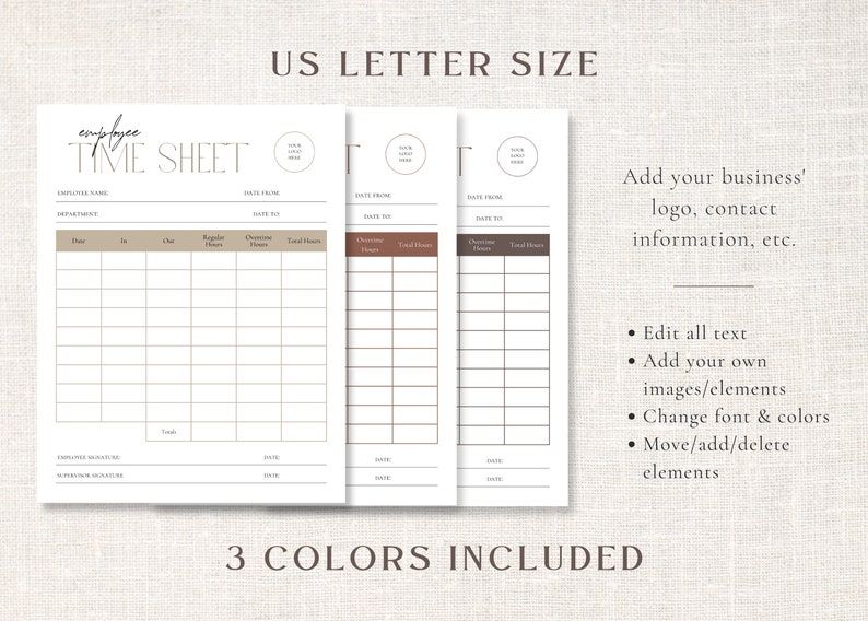 Employee Time Sheet Editable Template - Canva Digital Download Employee ...