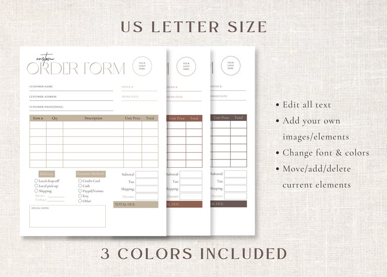 Custom Order Form Template - Purchase Order Form Template - Editable ...