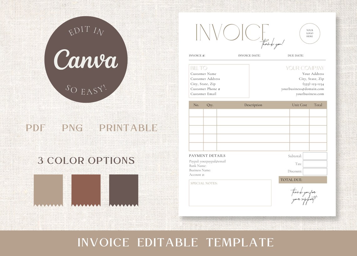 Invoice Template Editable and Printable - Canva Invoice Template ...