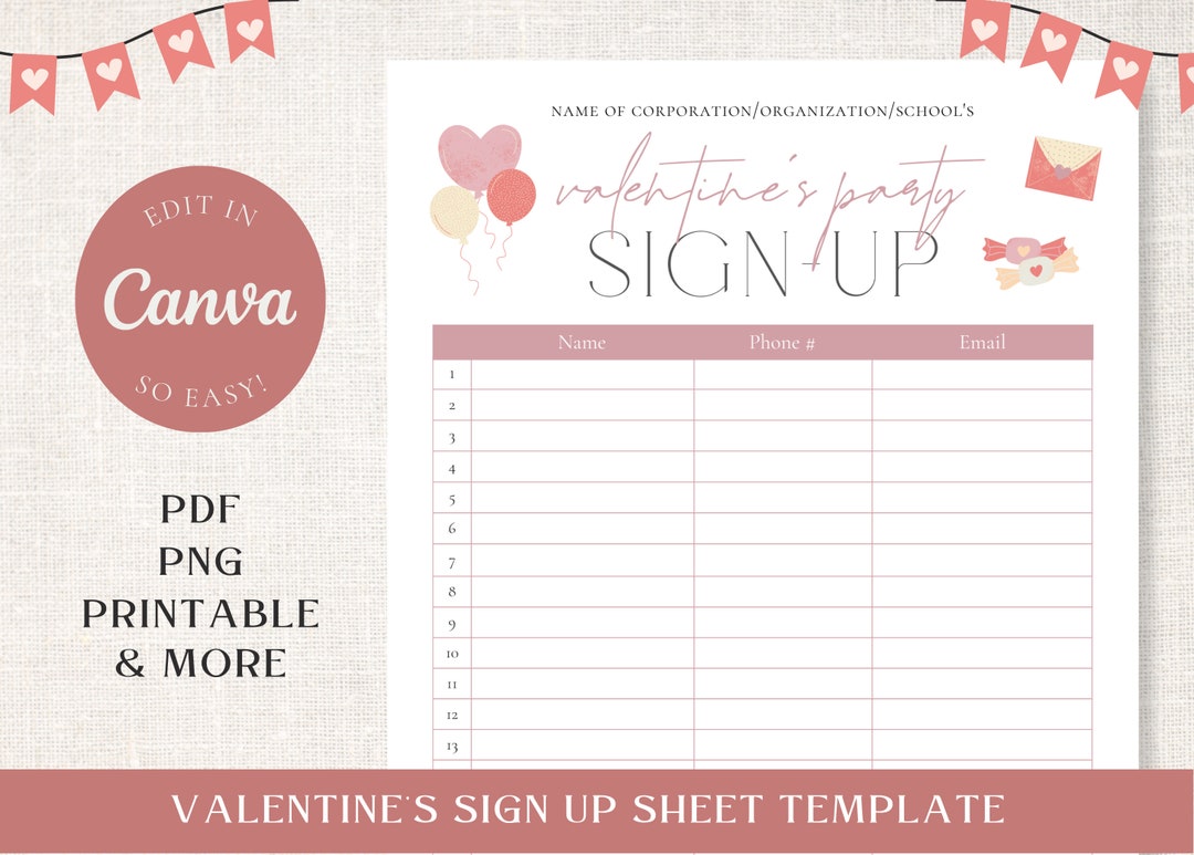 Valentine's Party Sign up Form Canva Template - Valentine's Day Sign up ...