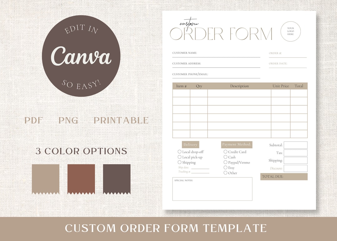 Custom Order Form Template - Purchase Order Form Template - Editable ...