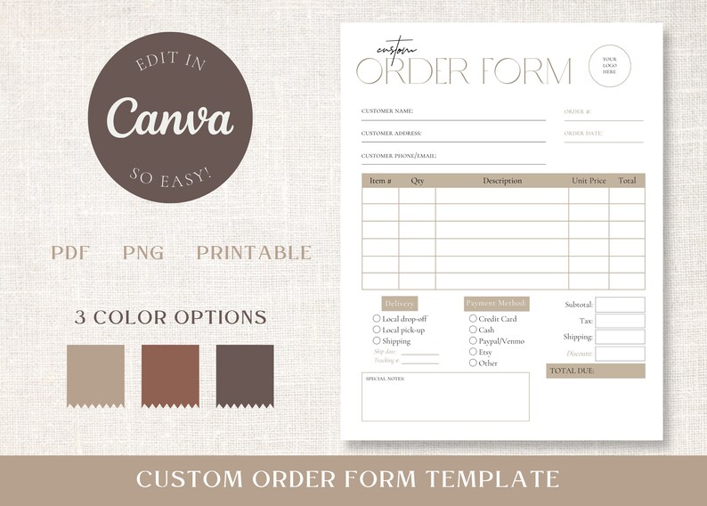 Custom Order Form Template - Purchase Order Form Template - Editable ...