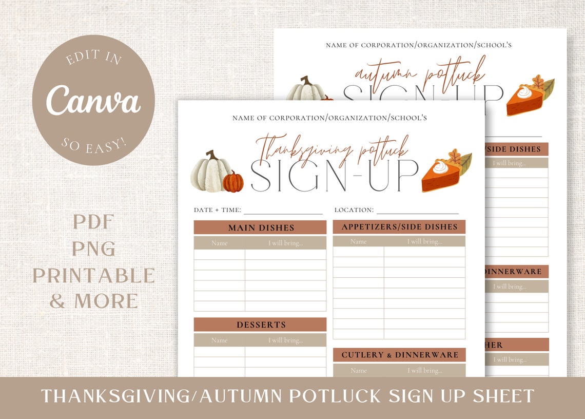 Canva Thanksgiving Potluck Sign up Form - Printable Autumn Potluck Sign ...