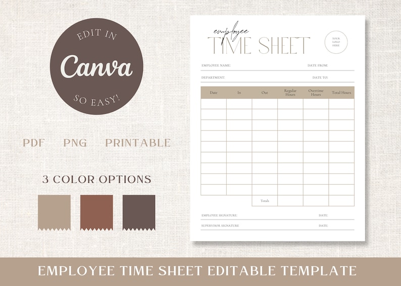 Employee Time Sheet Editable Template - Canva Digital Download Employee ...