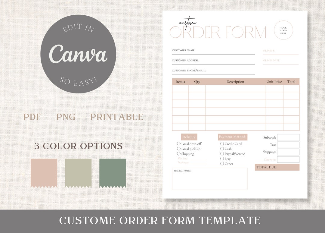 Custom Order Form Template Purchase Order Form Template Editable Order ...