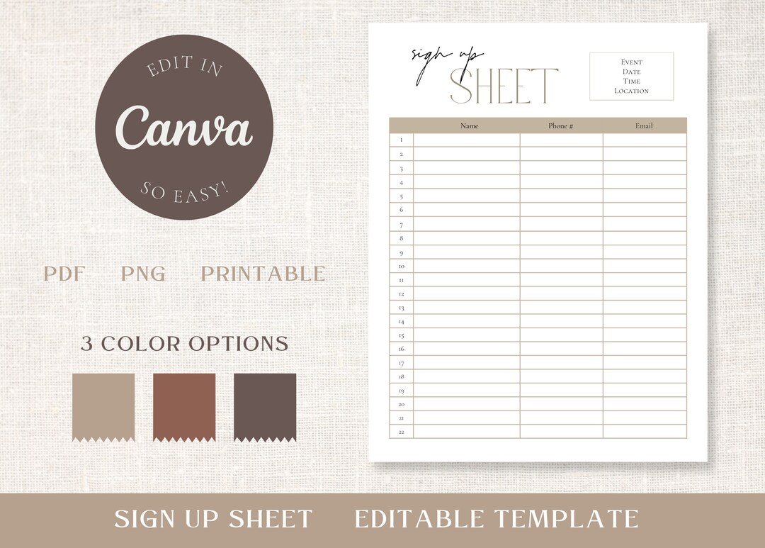 Sign up Sheet Editable Template - Canva Printable Sign up Form - Event ...