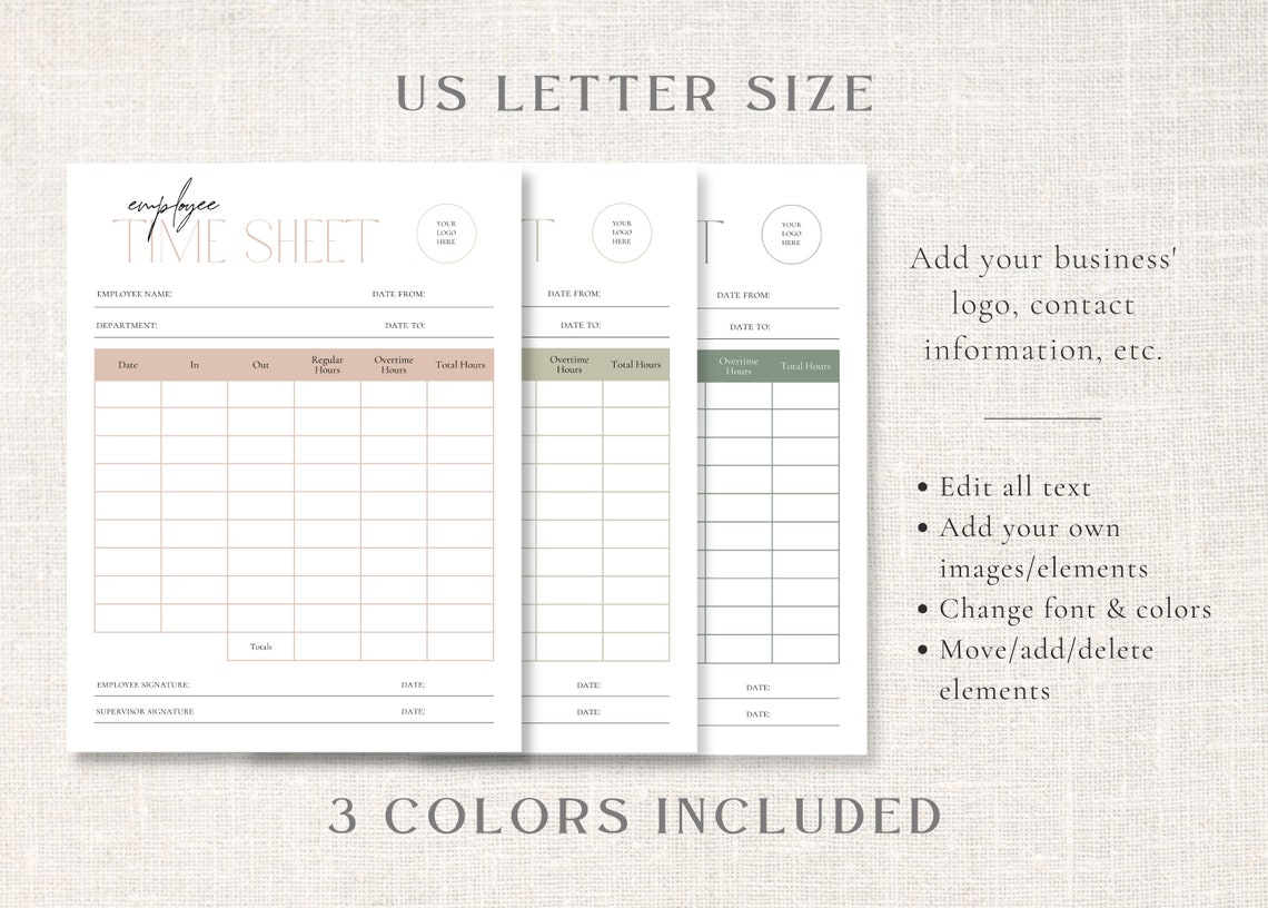 Employee Time Sheet Editable Template - Canva Digital Download Employee ...