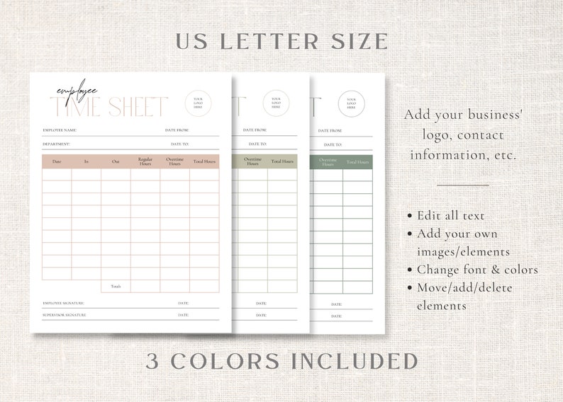 Employee Time Sheet Editable Template - Canva Digital Download Employee ...