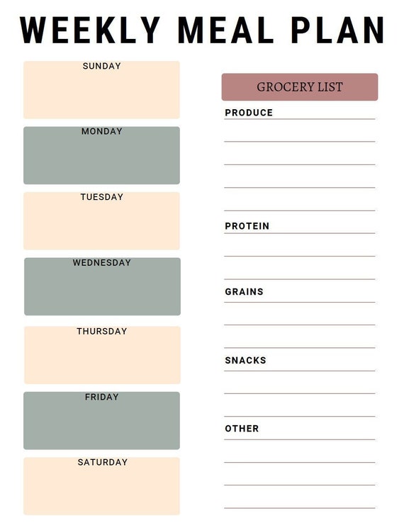 Simple Weekly Meal Plan With Grocery List - Etsy