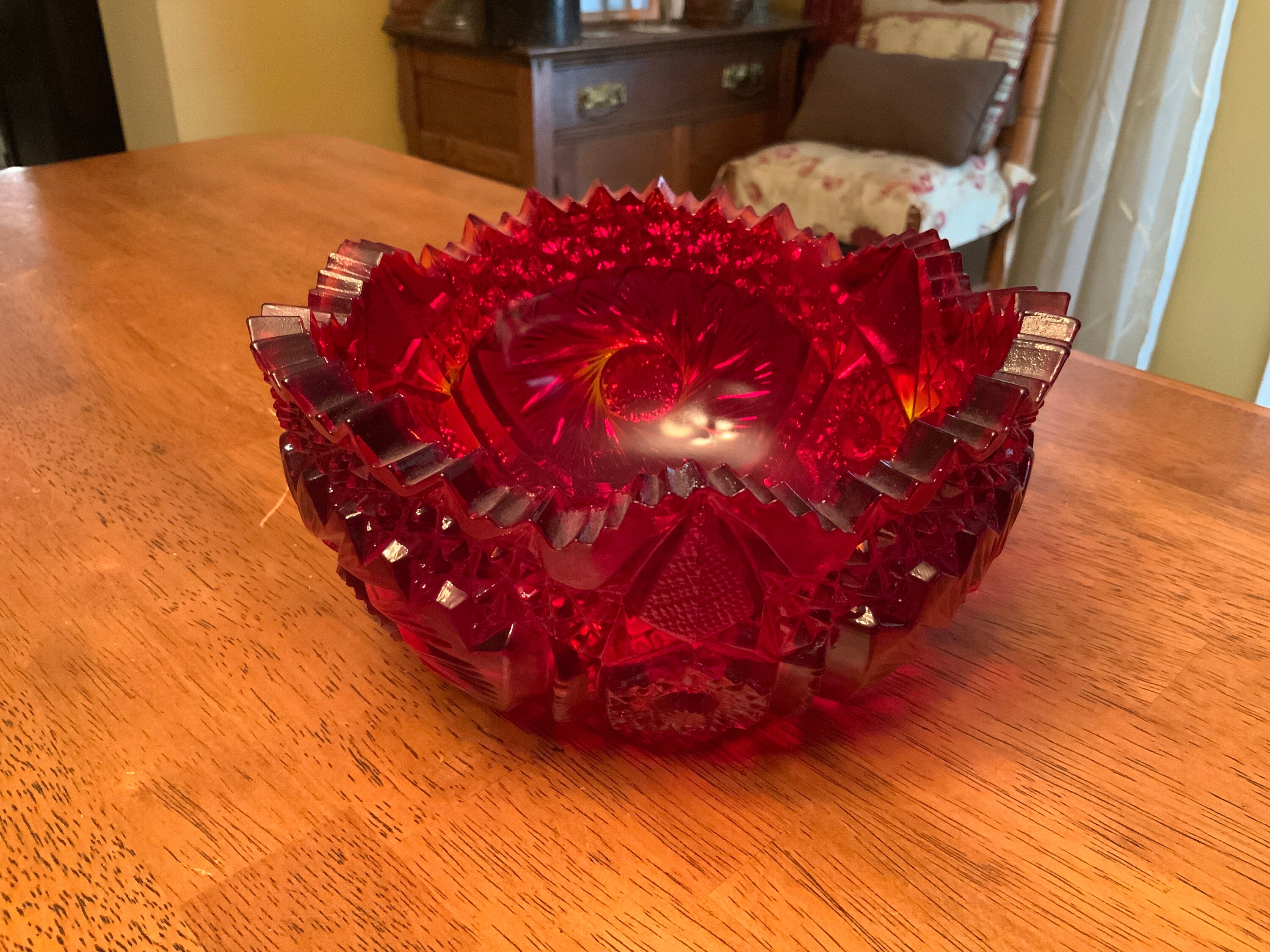 Ruby Red Cut Glass Sawtooth Edge Bowl - Etsy