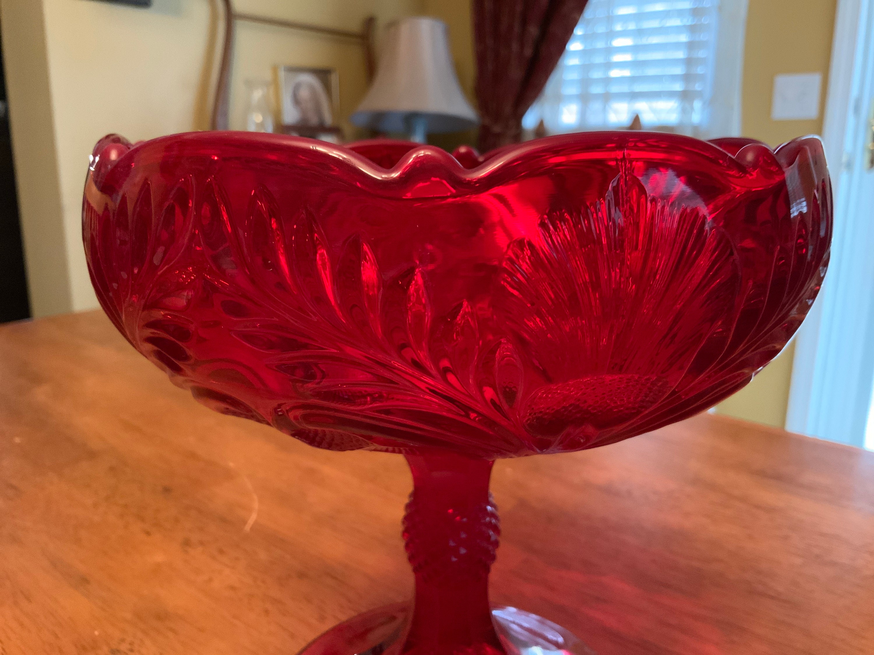 Ruby Red Pedestal Inverted Thistle Compote by Mosser Glass Company - Etsy