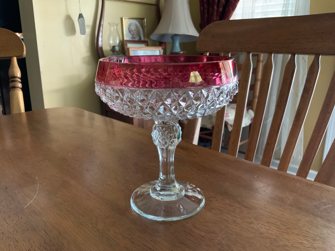 Indiana Glass Cranberry Rim Diamond Point Candy Dish Compote - Etsy