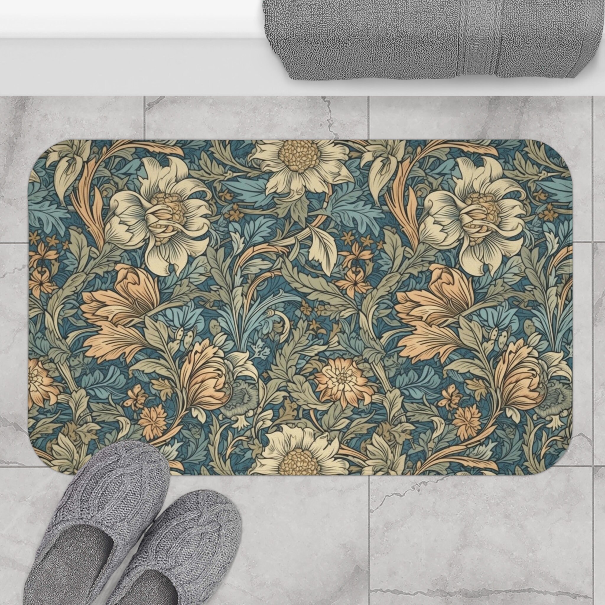 William Morris Inspired Retro Vintage Bath Mat, Botanical Bathroom ...