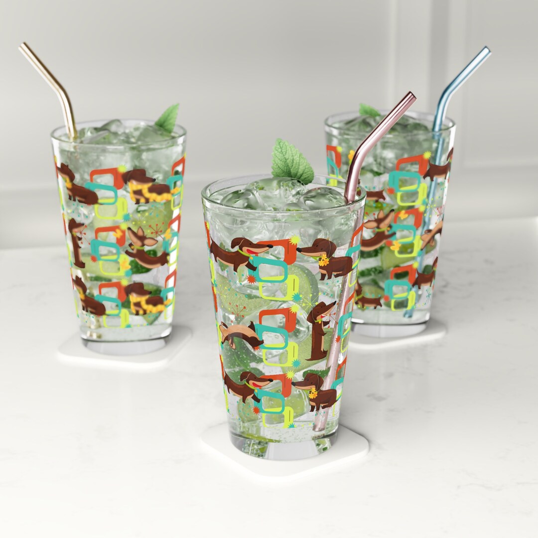 Cute Dachshund Mid Century Modern Pint Glass, 16oz, Retro Inspired ...