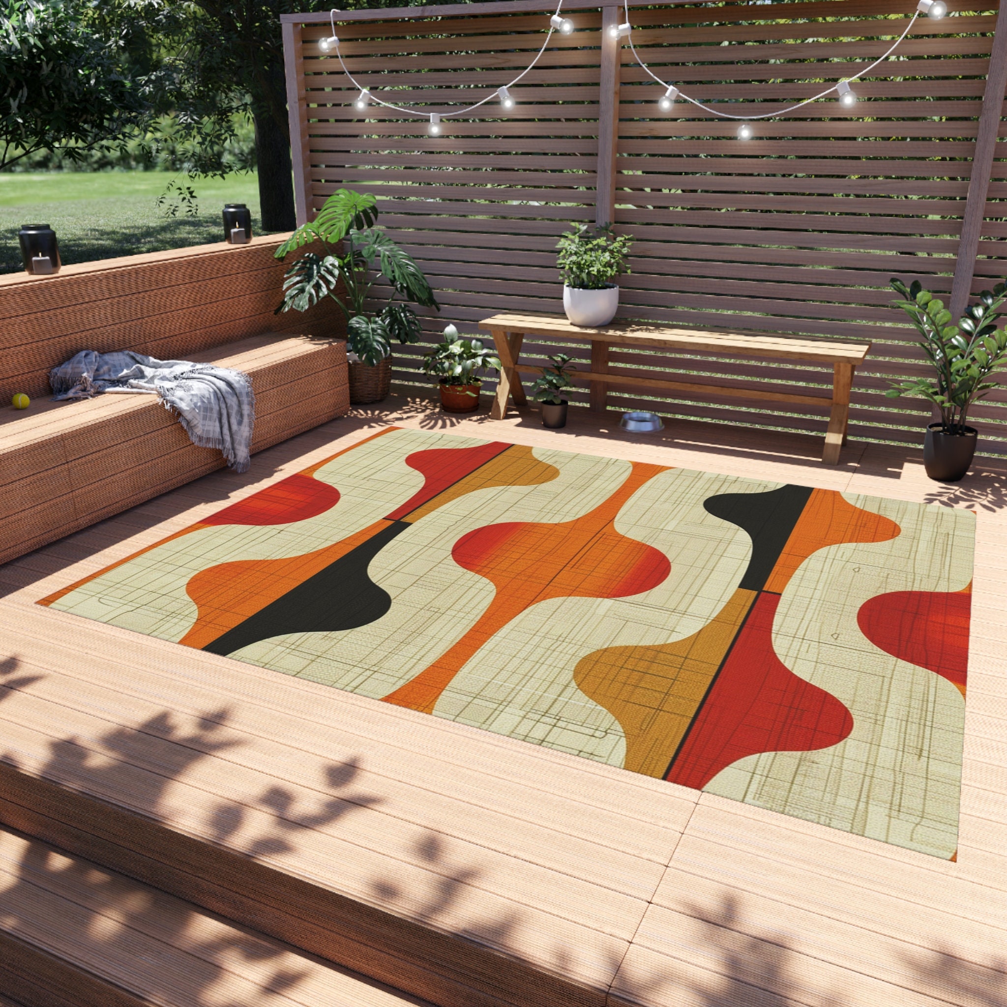 Retro Style MCM Outdoor Rug, Mid Century Patio, Deck, Abstract Outdoor ...