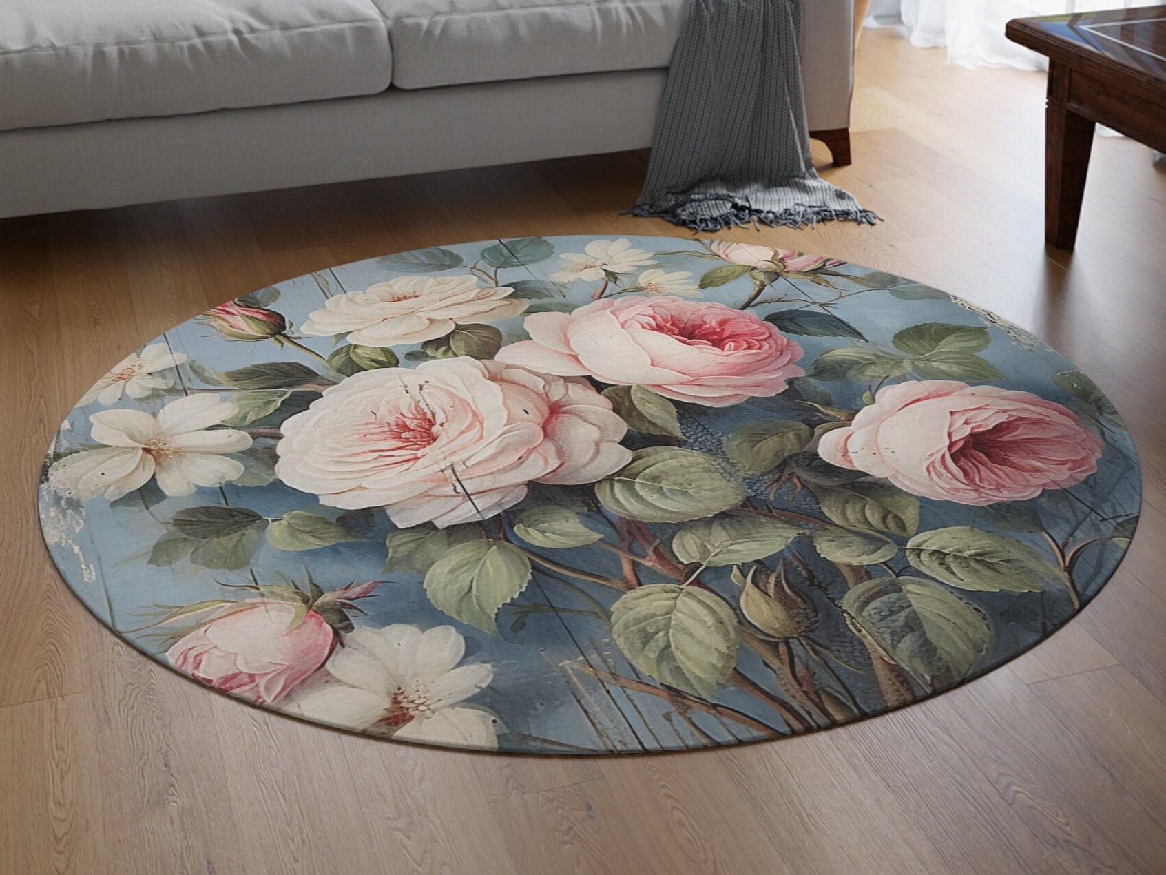 Woodgrain Look Shabby Chic, Home Decor, Decorative Floral Round Rug - Etsy