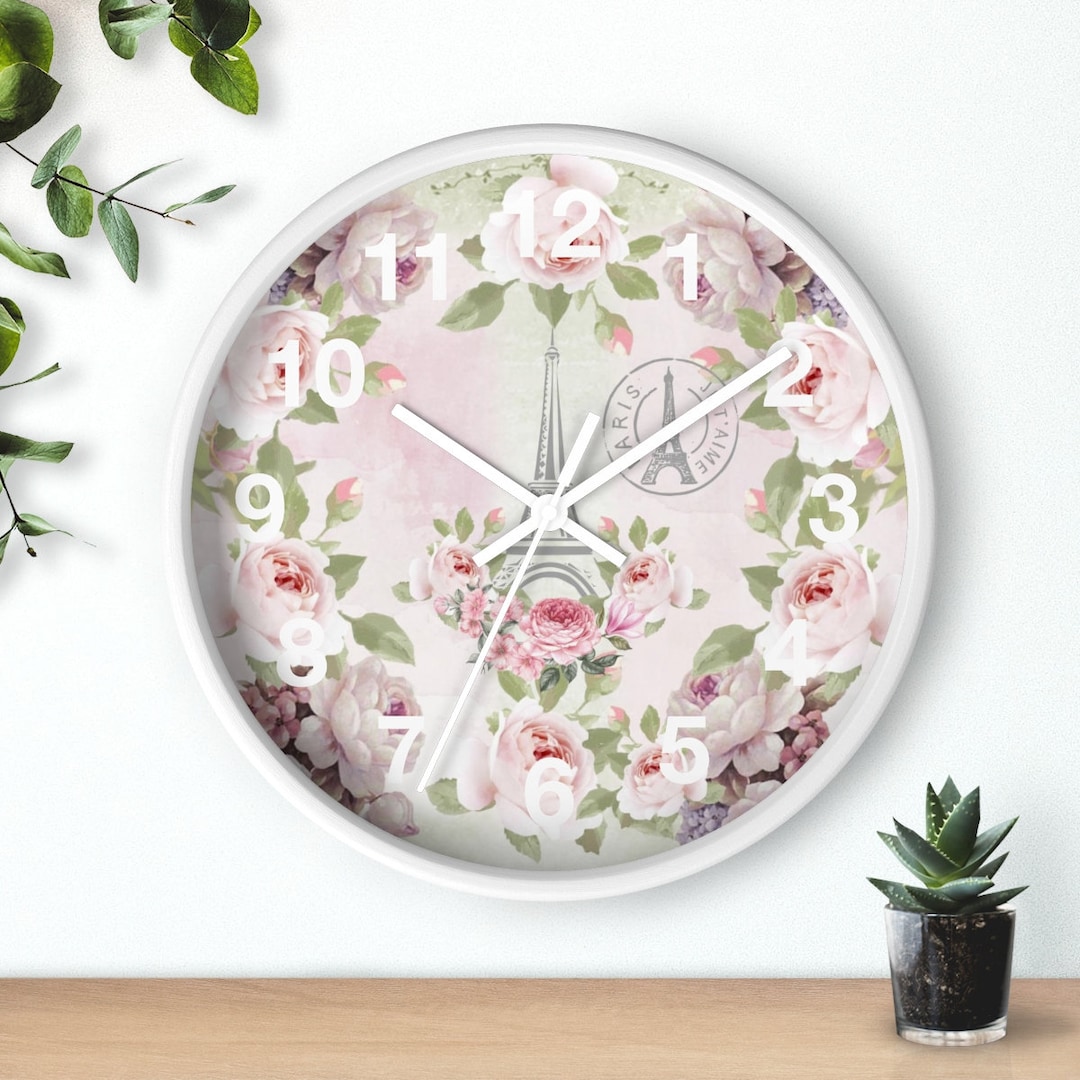 Pink Flower Wall Clock, Paris, Home Decor, Country Cottage, Farmhouse ...