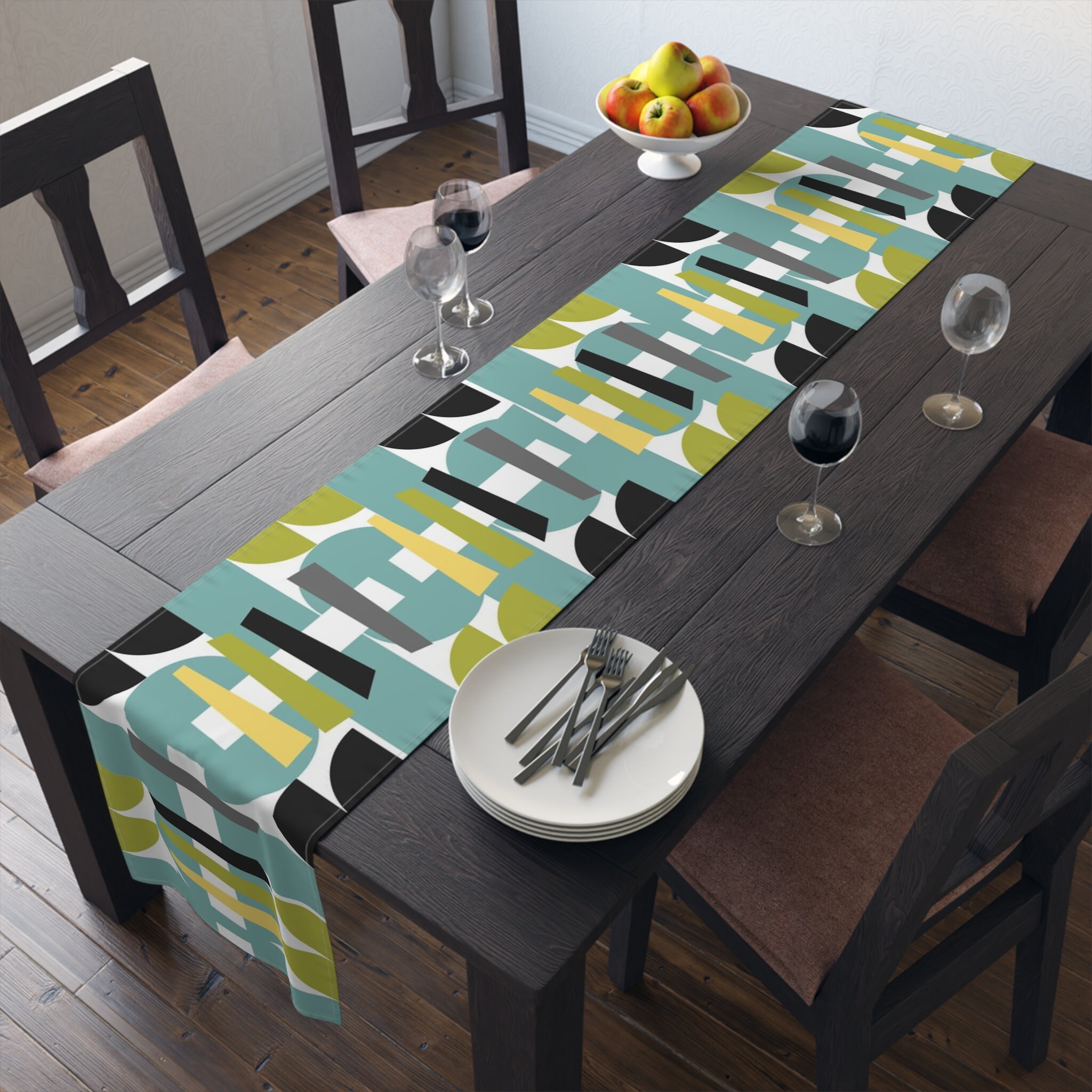 Mid Century Modern Blue Greentable Runner cotton, Poly, Retro Inspired ...