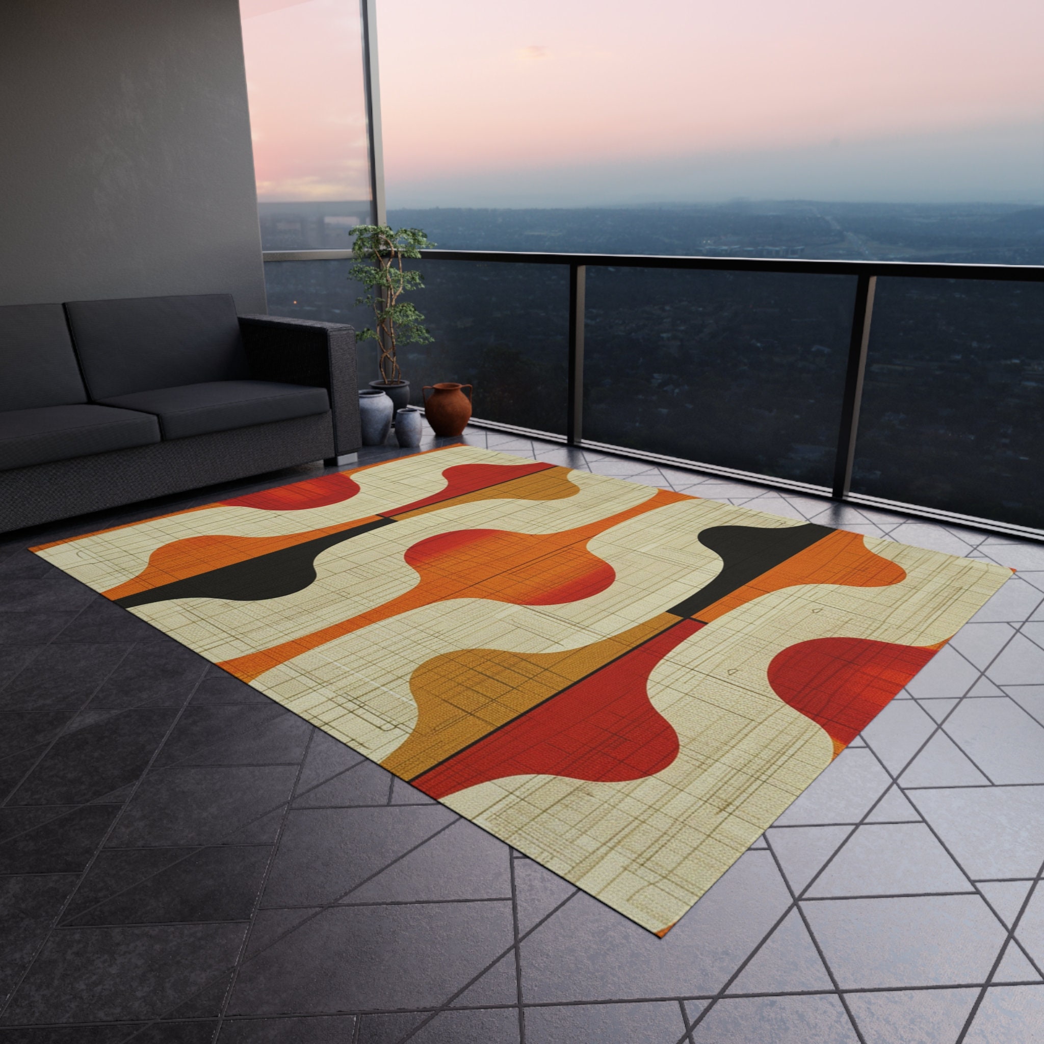 Retro Style MCM Outdoor Rug, Mid Century Patio, Deck, Abstract Outdoor ...