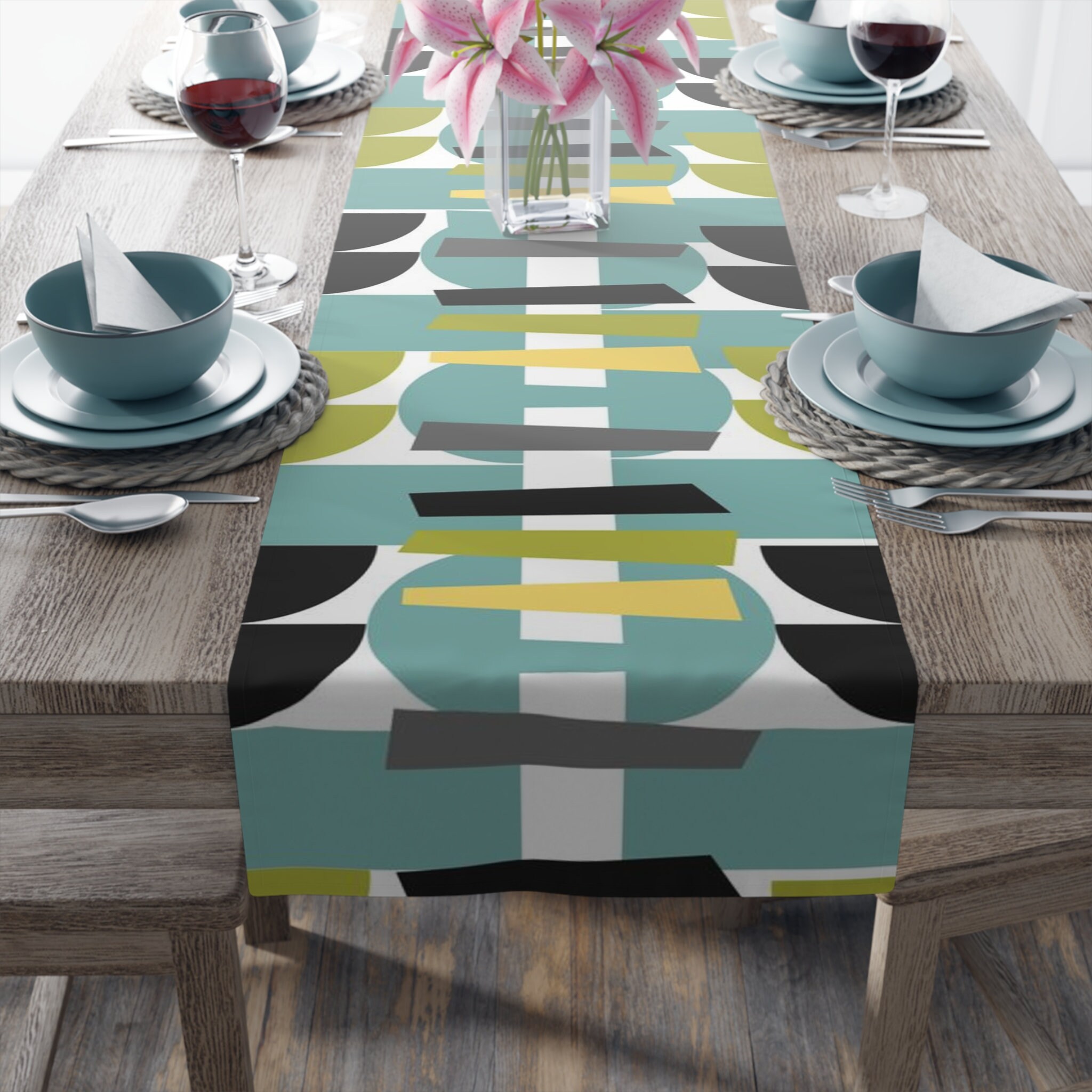 Mid Century Modern Blue Greentable Runner cotton, Poly, Retro Inspired ...